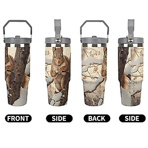 RTFGHJS Squirrel on Tree 30 Oz Tumbler with Handle And Flip Straw, Stainless Steel Vacuum Insulated Travel Mug, Thermal Cup for Coffee, Water, Iced Drinks, Fits Car Cup Holders (Home, Sports)