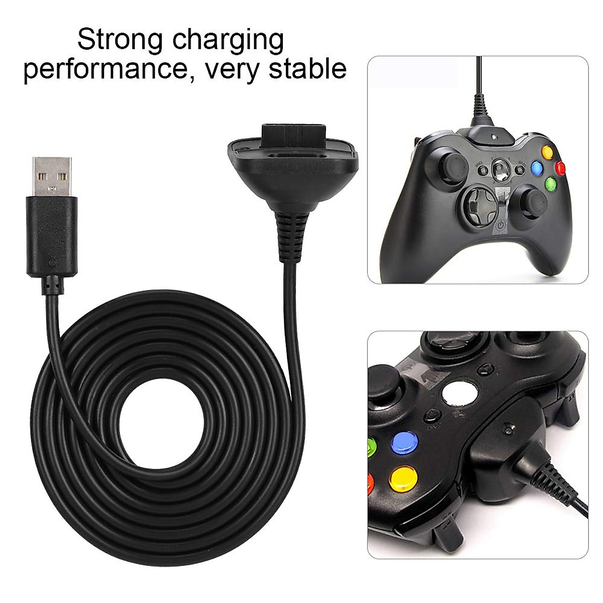2 in 1 USB Fast Charging Cable for Microsoft Xbox 360 Controller, Charger Cord for Xbox 360 Game Controller, 1.5m/4.92ft(Black)