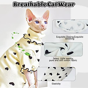 DENTRUN Turtleneck Heart Pattern Sphynx Hairless Cats Shirt, Kitten T-Shirts with Perlin Sleeves, Breathable Cat Wear Cute Sweater Adorable Hairless Cat's Clothes Vest Pajamas Jumpsuit, Beige