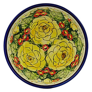 Polish Pottery 6¼-inch Bowl (Yellow Blooming Rose Theme) Signature UNIKAT + Certificate of Authenticity