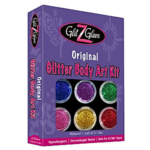 Best of GlitZGlam Stencit Set, Body Adhesive and Glitter Tattoo Kit Original - with 6 Large Glitters & 12 Stencils - HYPOALLERGENIC and DERMATOLOGIST TESTED! - for boys & Girls. Children Tattoos by Gl