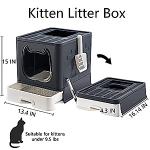 Kitty Litter Box with Lid Foldable Enclosed Kitten Potty with Cover Front Entry and Top Exit Cat Litter Boxes Drawer Type Easy Clean No Odor Control 2 in 1 Cleaning Brush(Black)
