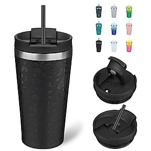 BJPKPK 18oz Insulated Tumbler With lid And Straw Stainless Steel Tumblers Travel Coffee Mug Reusable Thermal Cup,Black Leopard