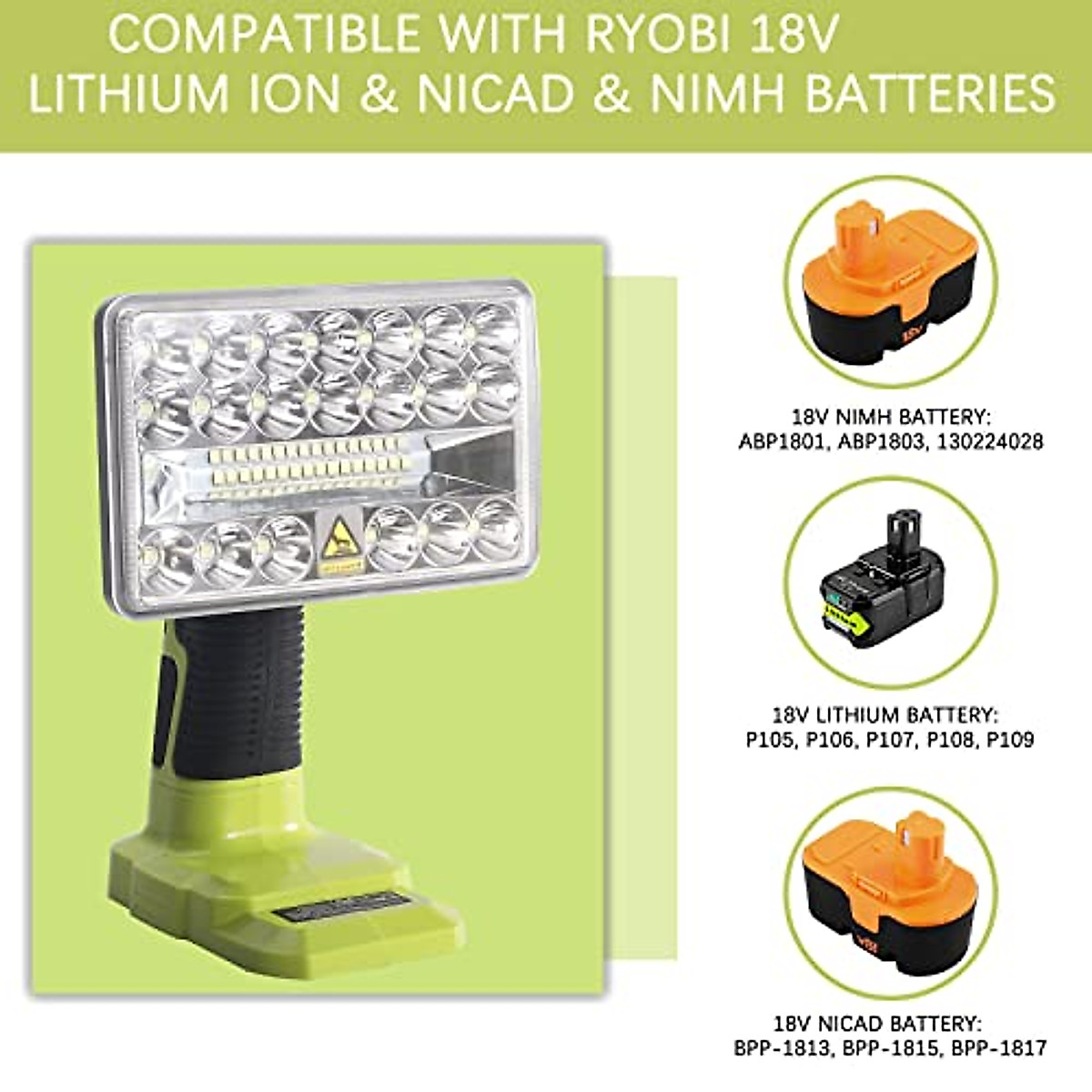 YEX-BUR Cordless LED Work Light for Ryobi 18-Volt ONE + Lithium Ion NiCd NiMh Batteries P108, 18W 2000LM Power LED Spotlight Handheld Flashlight Portable Jobsite Light with 110 Degree Pivoting Head