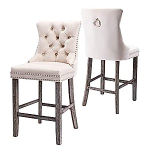 Kiztir Velvet Bar Stools Set of 2, 27" Counter Height Bar Chairs with Button Decor, Nailhead Trim, Solid Wooden Legs, Beige Modern Upholstered Bar Stools for Kitchen, Cafe, Pub
