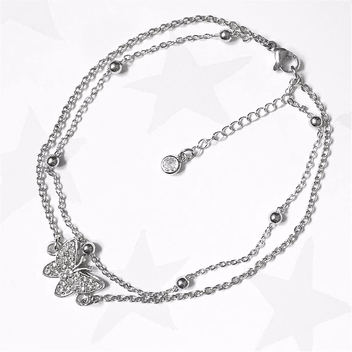 COLORFUL BLING 14K Silver Butterfly Anklets with Cubic Zirconia Adjustable Layered Heart Ankle Bracelet Summer Beach Foot Chain Jewelry-Butterfly