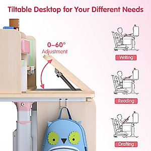 FCD Wood Adjustable Height Kids Study Desk Drafting Table Computer Station Built-in Bookshelf Hutch Multi Function (Pink)