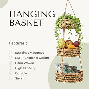 Hanging Fruit Basket Handmade Woven Hanging Basket Kitchen Storage. 3-Tier Fruit Baskets for Produce. Boho Hanging Planter Baskets - Kitchen Produce Storage Eco Friendly Organizer Heavy Duty
