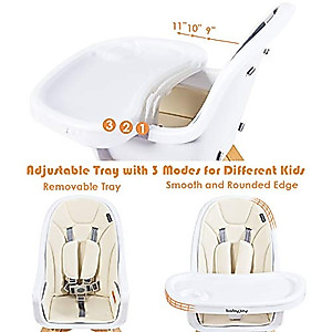 BABY JOY 3 in 1 High Chair, Baby Eat & Grow Convertible Wooden High Chair/Rocking Chair/Booster Seat/Toddler Chair, Infant Dining Chairs w/ Double Removable Tray, 5-Point Seat Belt & PU Cushion, Beige