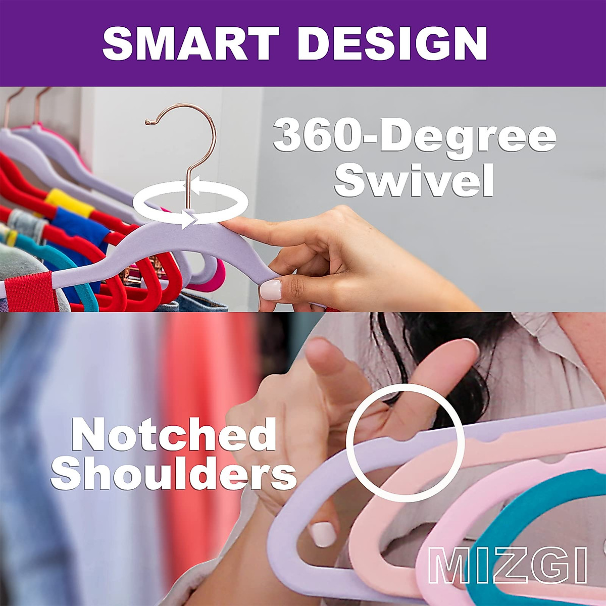 MIZGI Premium Velvet Hangers (50 Pack) Heavy Duty - Non Slip Felt Hangers - Velvet Suit Hangers Dark Purple - Rose Gold Hooks,Space Saving Clothes Hangers