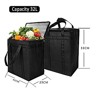 Lukery Insulated Reusable Grocery Bag with Zipper, Collapsible Cooler Bag Tote Heavy-Duty Insulated Food Pizza Delivery Bag, Shopping Bags for Groceries & Frozen Foods (16"x 9"x 13",Black)