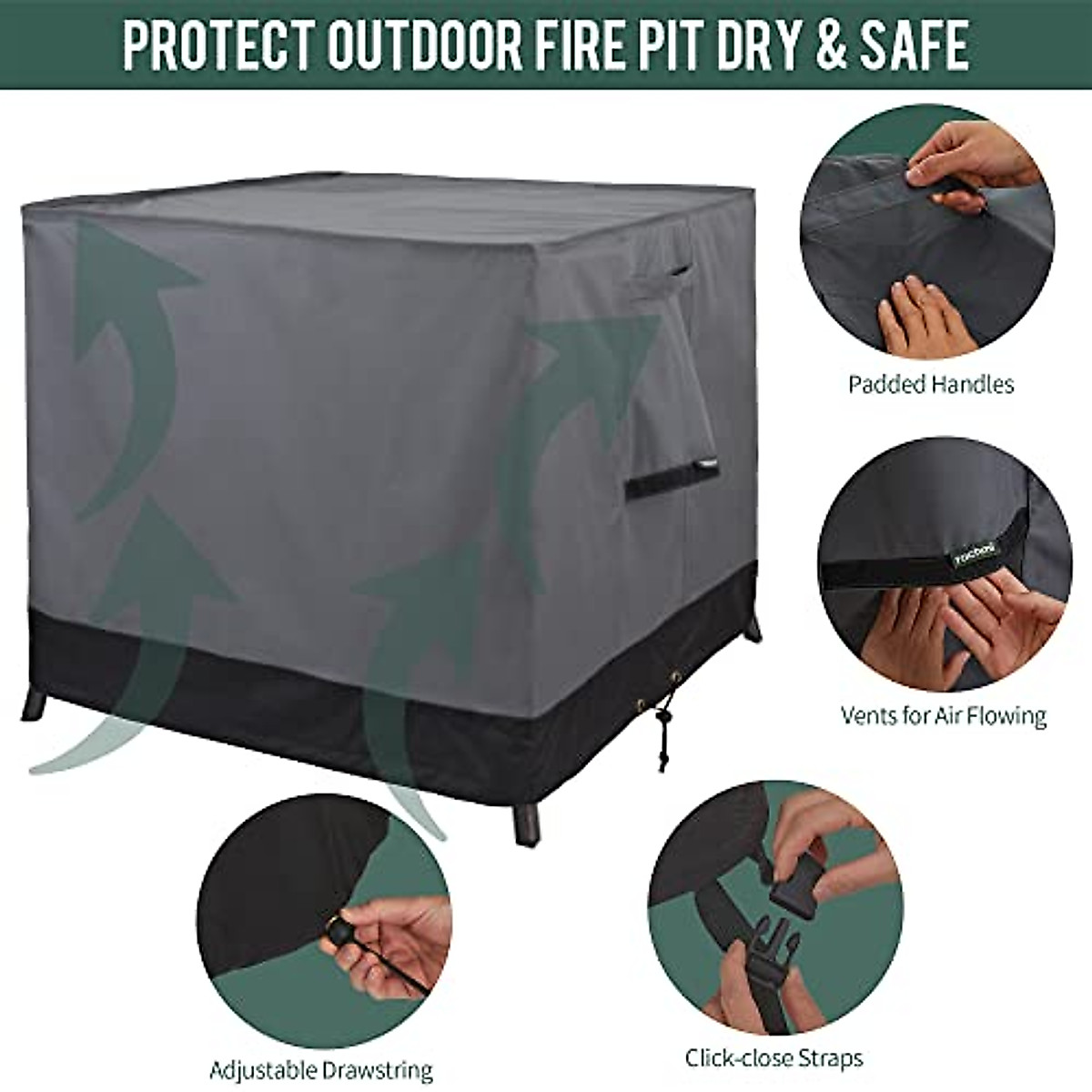 Rachmi Square Gas Fire Pit Cover 35 Inch, Heavy Duty 600D Oxford Water Resistant Anti UV & Fade Outdoor Patio Furniture Cover for Coffee & Side Table, (35"Wx35"Dx18.1"H, Gray/Black)