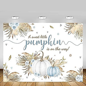 MEHOFOND 8x6ft Autumn Boho Little Pumpkin Backdrop for Boy Baby Shower Fall Leaves Pampas Grass Thanksgiving Blue White Floral Background for Photography Party Decorations Banner Photo Booth Props