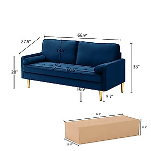 GPCRAC 67'' Velvet Sofa Bed, Modern Loveseat with Gold Metal Legs and 2 Bolster Pillows, Velvet Love Seats Couch for Small Spaces, Living Room, Apartment (Blue)