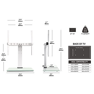FITUEYES Universal TV Stand White for 27-55 Inch TV - Table Top TV Stand Mount with Glass Base, Pedestal TV Mount Stand for Bedroom, Living Room, Height Adjustable, Holds 88lbs