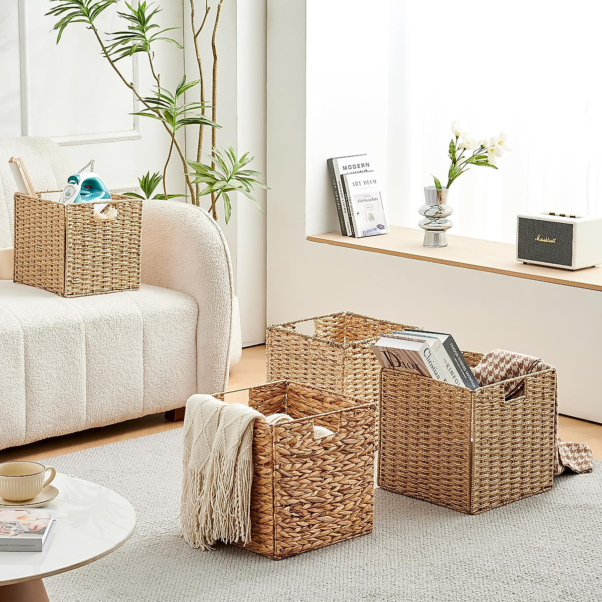 LGENHOOM Handwoven Seagrass Storage Baskets Foldable Wicker Storage Cubes 11x11in Hyacinth Baskets Rustic Set Of 2 Multipurpose Collapsible Storage Organizer for Bedroom Living Room Shelves