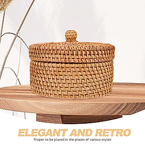 ULTNICE Round Rattan Storage Box with Lid - Hand Woven Rattan Basket for Desktop or Decorative Use