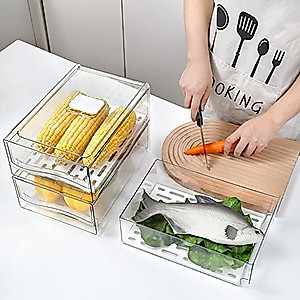 XIYAO 2 pack Stackable Fridge Organizer Bins Drawers With Vented Lids And Drain Tray ,Clear Pantry Organization and Storage,BPA-free Food Fruit Vegetables storage for Freezer, Cabinet, Kitchen, 11.8"x8.11"x4.5"