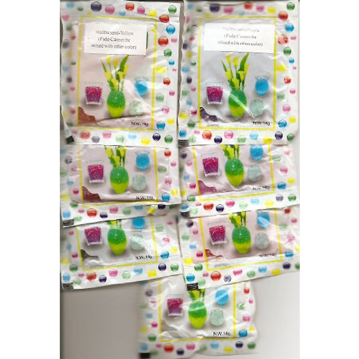 Malibu Sand ;7 Packs; 14g/pkg (Yellow,red,purple, Pink, Green,orange and Clear)+Includes (1) Crystal Soil Disney(tm) Character.