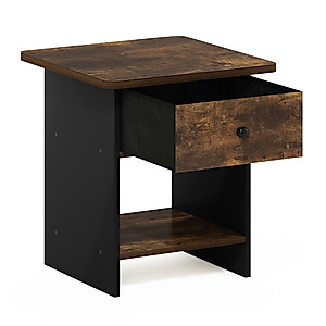 Furinno Dario End Table/ Night Stand Storage Shelf with Bin Drawer, Amber Pine/Black, 1-Pack, Upper Bin
