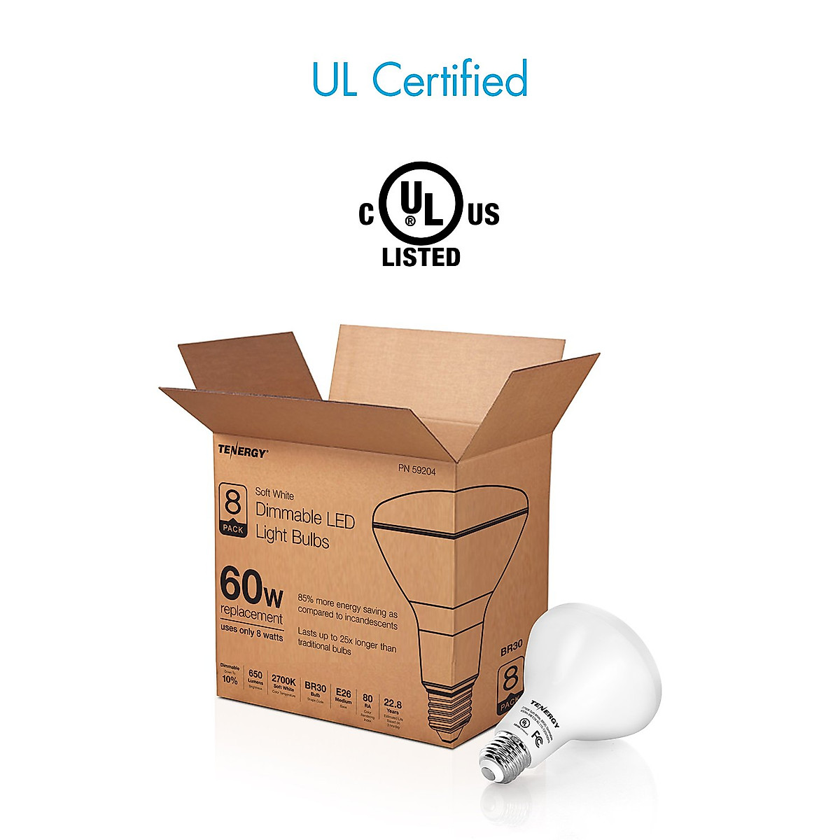 Tenergy Dimmable LED Flood Light Bulbs, 60 Watt Equivalent (8W), Warm White Soft White (2700K), BR30 E26 Medium Standard Base Recessed Light Bulbs for Can Ceiling Light, UL Listed (Pack of 8)