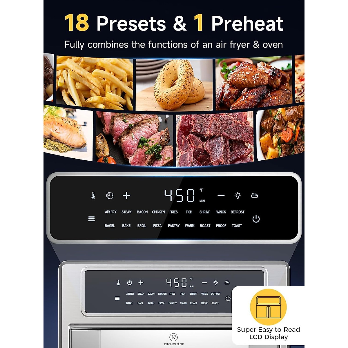 Kitchen Elite Air Fryer Toaster Oven Combo, 26.4 Qt Convection Oven Countertop, 18-in-1, Stainless Steel Large Airfryer, 4 Zone with Accessories, Digital Full Touch Screen, Easy to Clean