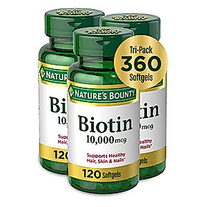 Nature’s Bounty Biotin 10,000mcg, Supports Beautiful Hair, Glowing Skin and Healthy Nails, Rapid Release Softgels, 120 Count (Pack of 3)