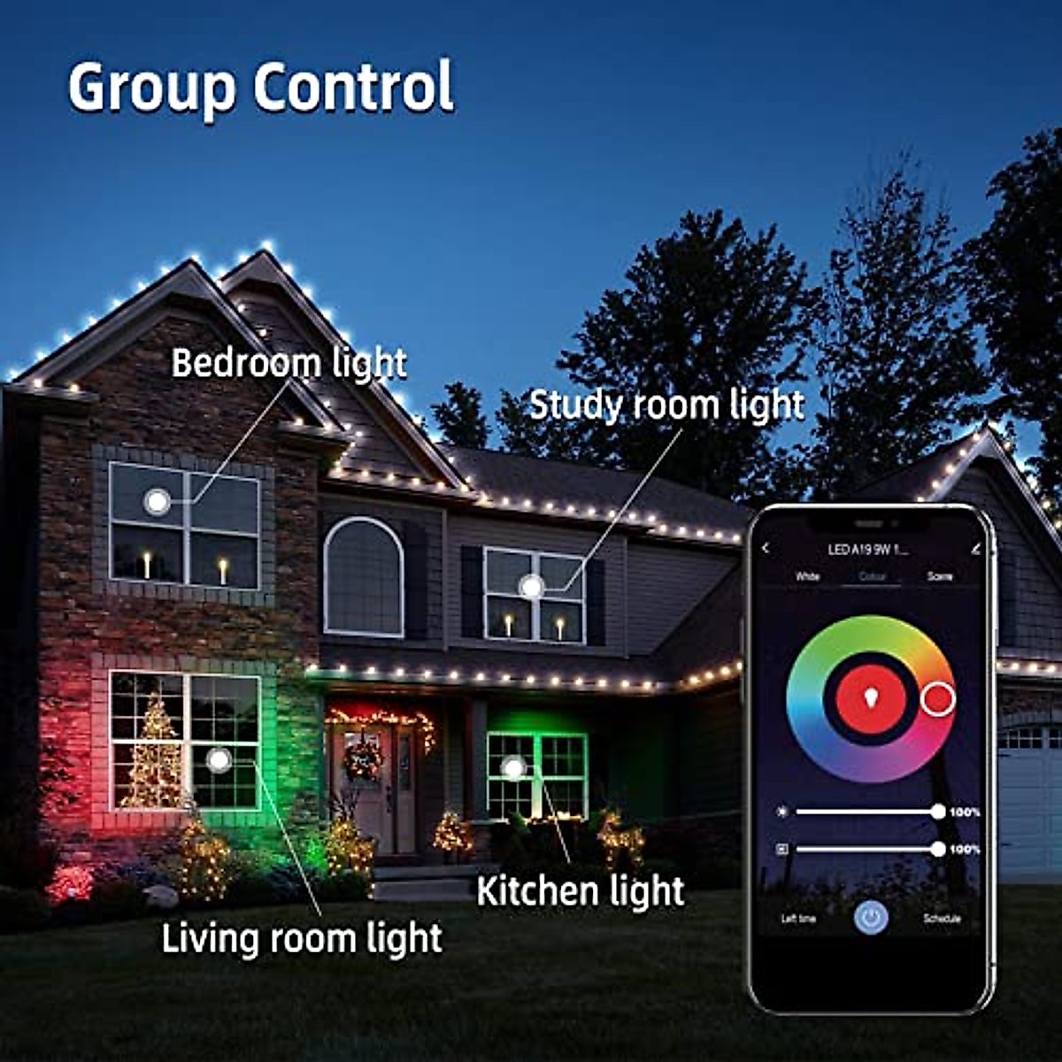 A19 Smart LED Light Bulbs 9W 800LM WiFi & Bluetooth, Compatible with Alexa & Google Assistant, RGB 2200K-6500K Dimmable Color Changing, Group Control, No Hub Required, 4 Pack