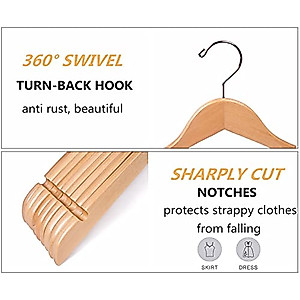 Amber Home Smooth Natural Finish Solid Wood Shirt Dress Hangers 20 Pack, Sturdy Wooden Coat Hangers with Precisely Notches, Clothes Hangers for Jacket, Camisole, Bridal (Natural, 20)