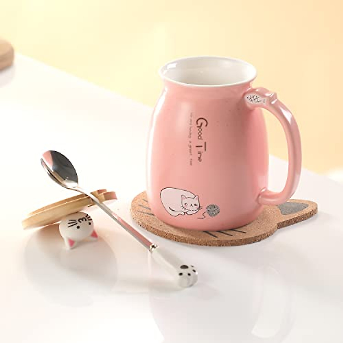 BigNoseDeer Cat Mug Cute Ceramic Coffee Mugs with Lovely Kitty Lid Cat Paw Spoon kawaii Coaster Novelty Tea Cup Pink Mug for Women Christmas Mug Mothers Day Gifts Birthday Gifts 380ML