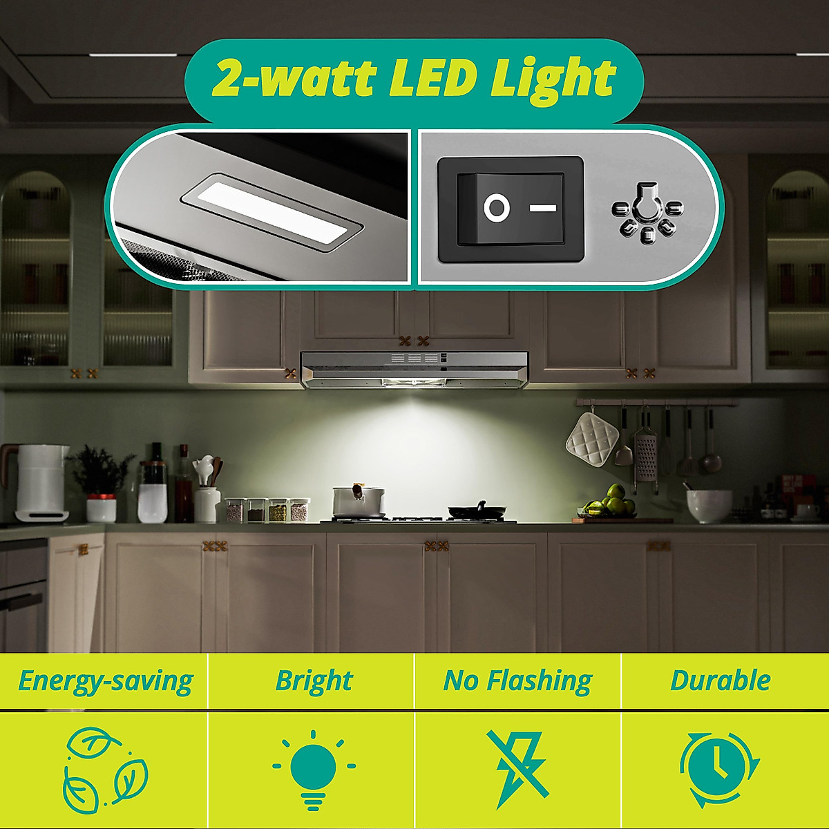 FIREGAS Range Hood 36 inch Under Cabinet, Ducted/Ductless Convertible Kitchen Hood, Stainless Steel Vent Hood with LED Light,2 Speed Exhaust Fan, Silver