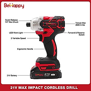 BeHappy Cordless Drill Combo Kit 21V, 1/2 Inch Brushless Power Tool Kit and 1/4 Inch Impact Driver, Electric Drill Kit with 2 Batteries and Charger, DIY