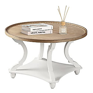 Wnutrees Farmhouse Round Coffee Table,Wood Tray Top Circle Coffee Table with Storage Shelf Rustic Style for Living Room and Vintage Finish,White