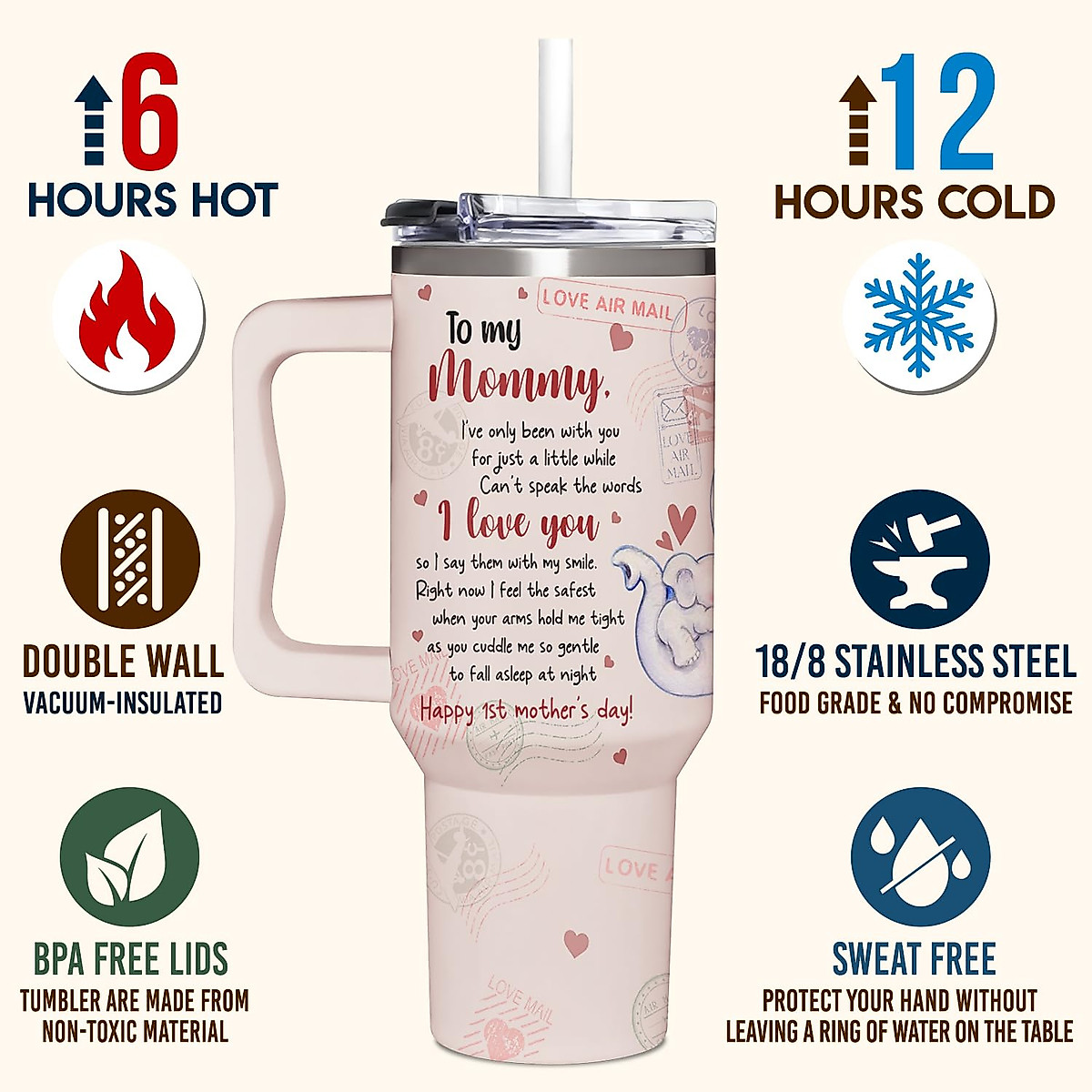 TAMUNBEE First Mothers Day Gifts For New Mom, Daughter From Baby, Sister, Son - 1st Mothers Day Gifts From Husband - First Time Mother Presents - Elephant 40oz Tumbler With Handle for Woman