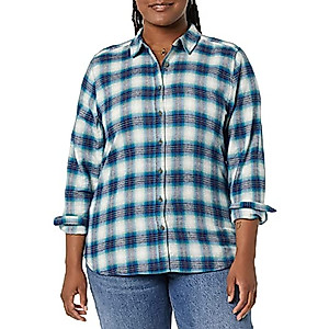 Goodthreads Women's Brushed Flannel Drop-Shoulder Long-Sleeve Shirt, Blue White Tartan, Large