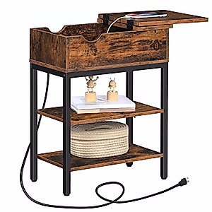 ALLOSWELL Side Table with Charging Station, Narrow Flip Top End Table with USB Ports and Outlets, Nightstand with Storage, Sofa Table for Living Room, Bedroom, Easy Assembly, Rustic Brown ETHR5601