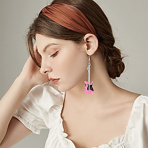 JIUIQL Fashion Cute Metal Black White Music Bass Electric Guitar Dangle Drop Earrings for Women Music Lovers teacher singer Hypoallergenic Personalized Jewelry Gifts (Pink)