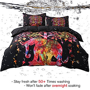 Sleepwish Super Soft Duvet Cover Set with 2 Pillow Shams,Elephant Mandala Pattern,Bohemia Exotic Patterns Design (King, Black Cool)
