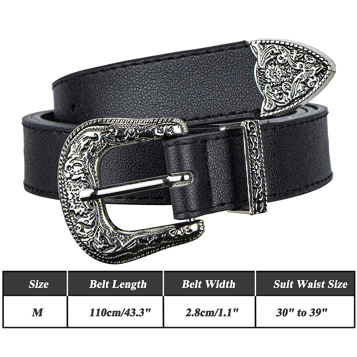 OVOY Western-Belts Women-Leather-Belt Vintage Waist-Belt with Buckle for Ladies Jeans Dresses (Black, Fit for waist 30"-39")