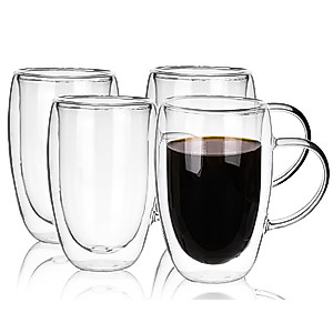 Moretoes 16oz Clear Coffee Mug, Double Walled Glass Coffee Mugs with Handles, Insulated Espresso Cups, Set of 4
