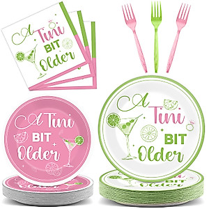 96pcs A Tini Bit Older Party Supplies Martini Paper Plates Napkins Weenies and Tini Dessert Party Tableware Set Hot Pink & Green Dinnerware for Birthday Bridal Wedding Baby Shower Decoration Serve 24