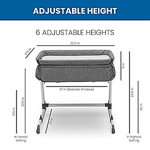 Delta Children Simmons Kids Dream Bedside Bassinet with Zip-Down Side Wall – Convenient Baby Sleeper with Breathable Mesh and Adjustable Heights - Lightweight Portable Crib, Grey