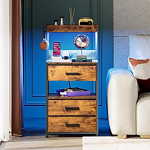 NASHZEN Nightstand 3 Drawer Dresser with LED Lights and Charging Station, Vertical Side Table with Fabric Drawers, End Table, Bedside Table and Dresser for Bedroom, Hallway, Entryway (Rustic Brown)