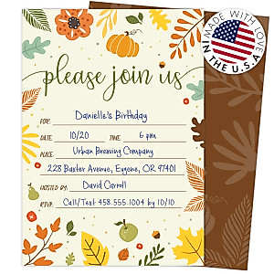 Koko Paper Co Fall Invitations in Autumn Colors with Pumpkin, Fruits and Florals. 25 Fill In Style Cards and Envelopes for Thanksgiving, Harvest Party, Birthday, Engagement, Bridal and Baby Shower, or