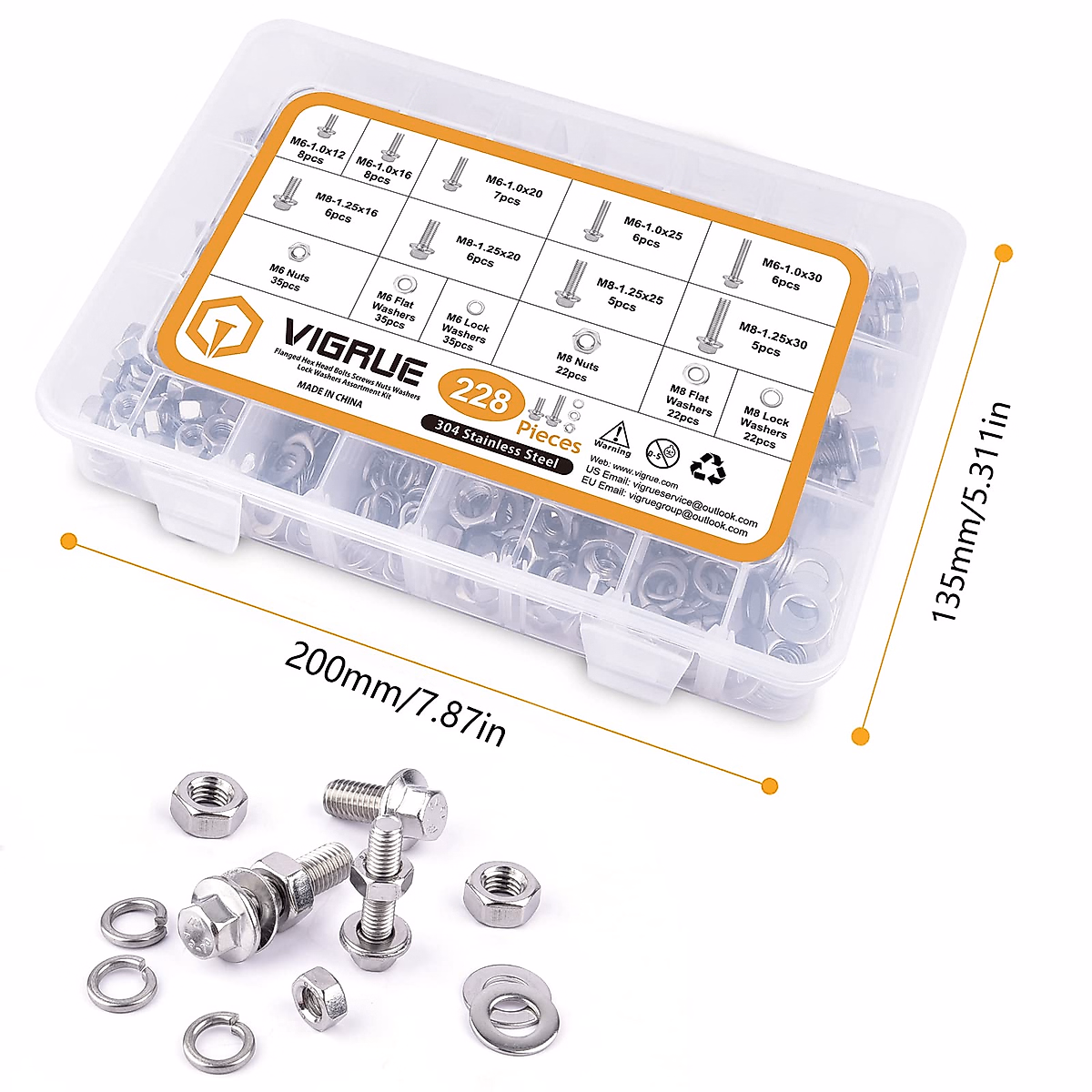 M6 x 12/16/20/25/30mm Flanged Hex Bolts and M8 x 16/20/25/30mm Flange Hexagon Screws, VIGURE 228PCS Stainless Steel 18-8 (304) M6-1.0 M8-1.25 Bolts Nuts Flat Lock Washers