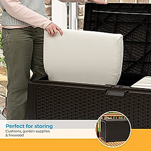 Suncast 99 Gallon Resin Wicker Patio Outdoor Storage Container for Toys, Furniture Deck box, Mocha