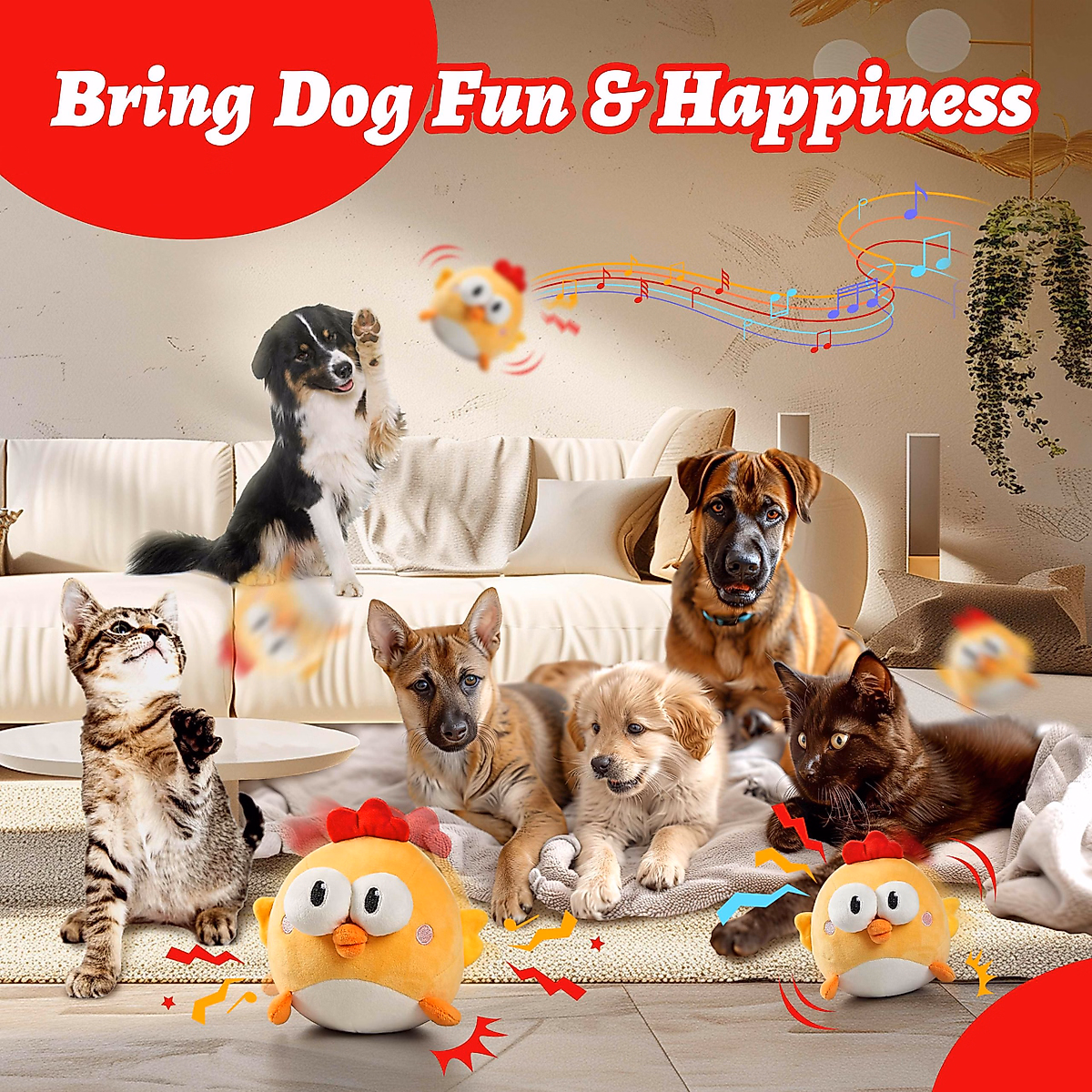 GUKCO Interactive Dog Toys, Squeaky Dog Toys with Interactive Dog Ball, Rechargeable Crinkle Dog Chew Toys Pet Plush Toys for Small Medium Large Dog Toys to Keep Them Busy Jumping Music Mode(Chick)