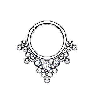 Pierced Owl 16GA G23 Implant Grade Titanium Triple CZ Crystal and Ball Cluster Lined Hoop Cartilage Helix Daith Septum Hinged Segment Ring (8mm Diameter)