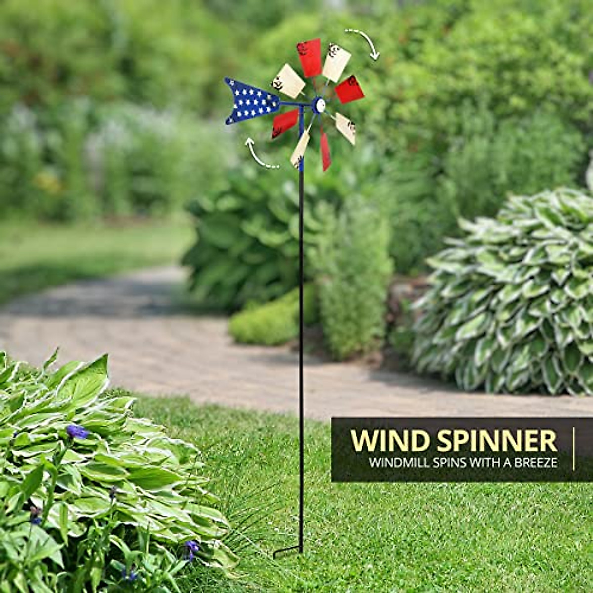 Exhart Yard Pinwheel Decorations – American Flag Windmill Spinner – USA Garden Windmill w/Weather Resistant Americana Metal Blades, Patriotic Decorations, Garden Décor (12" L x 13" W x 54" H)