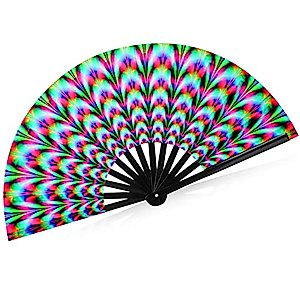 Yinkin Large Rave Fan Folding Hand Fan Clack Fan with Fabric Bag Colorful Holographic Rave Fan for Men Women Bamboo Ribs Decorative Accessories Trippy Gifts for Festival Music Dancing Parties